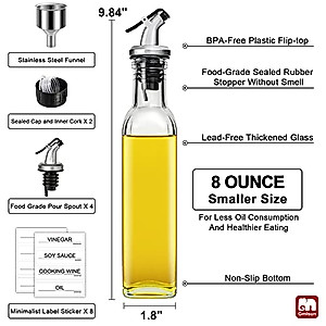 GMISUN 8oz Olive Oil Bottle Dispenser, 4 Pack Leakproof Oil And Vinegar Dispenser Set With Clear Glass Oil Bottle, Non-Drip Spouts, Black Caps, Funnel And Labels