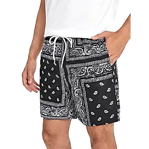 Floerns Men's Boho Tribal Print Drawstring Waist Summer Shorts with Pocket Black & White Paisley S