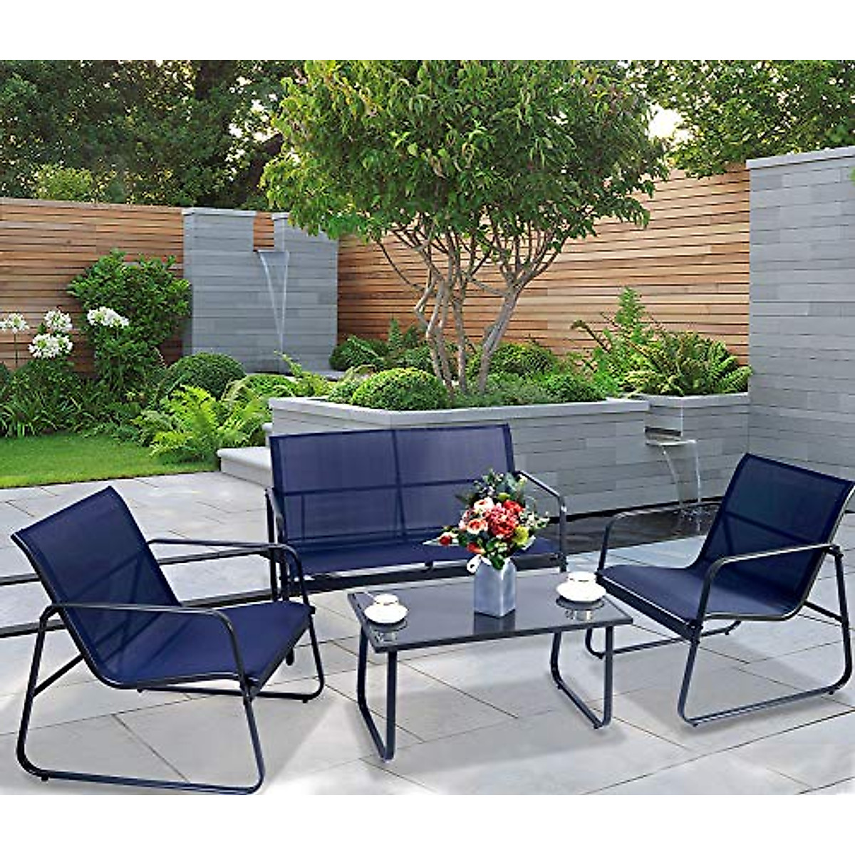 Kozyard Sofia 4 Pieces Patio/Outdoor Conversation Set with Strong Powder Coated Metal Frame, Breathable Textilence, Includes One Love Seat, Two Chairs and One Table (Navy Blue)