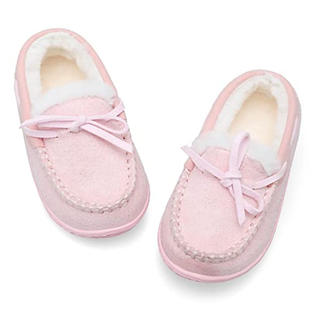 Scurtain Kids Toddler Suede Moccasin Slippers - Lined with Warm Fur, Unisex for Boys & Girls - Pink, Size 6.5