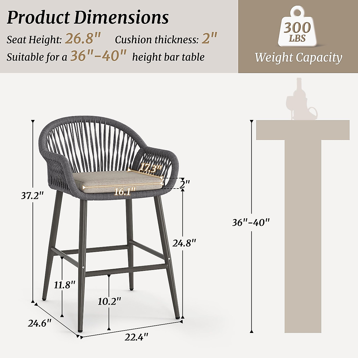 26.8" H Rattan Boho Outdoor Counter Height Bar Stools Set of 6, Woven Rope Backrest & Armrest Outdoor Barstools with Aluminum Legs for Kitchen Patio, Slate Gray