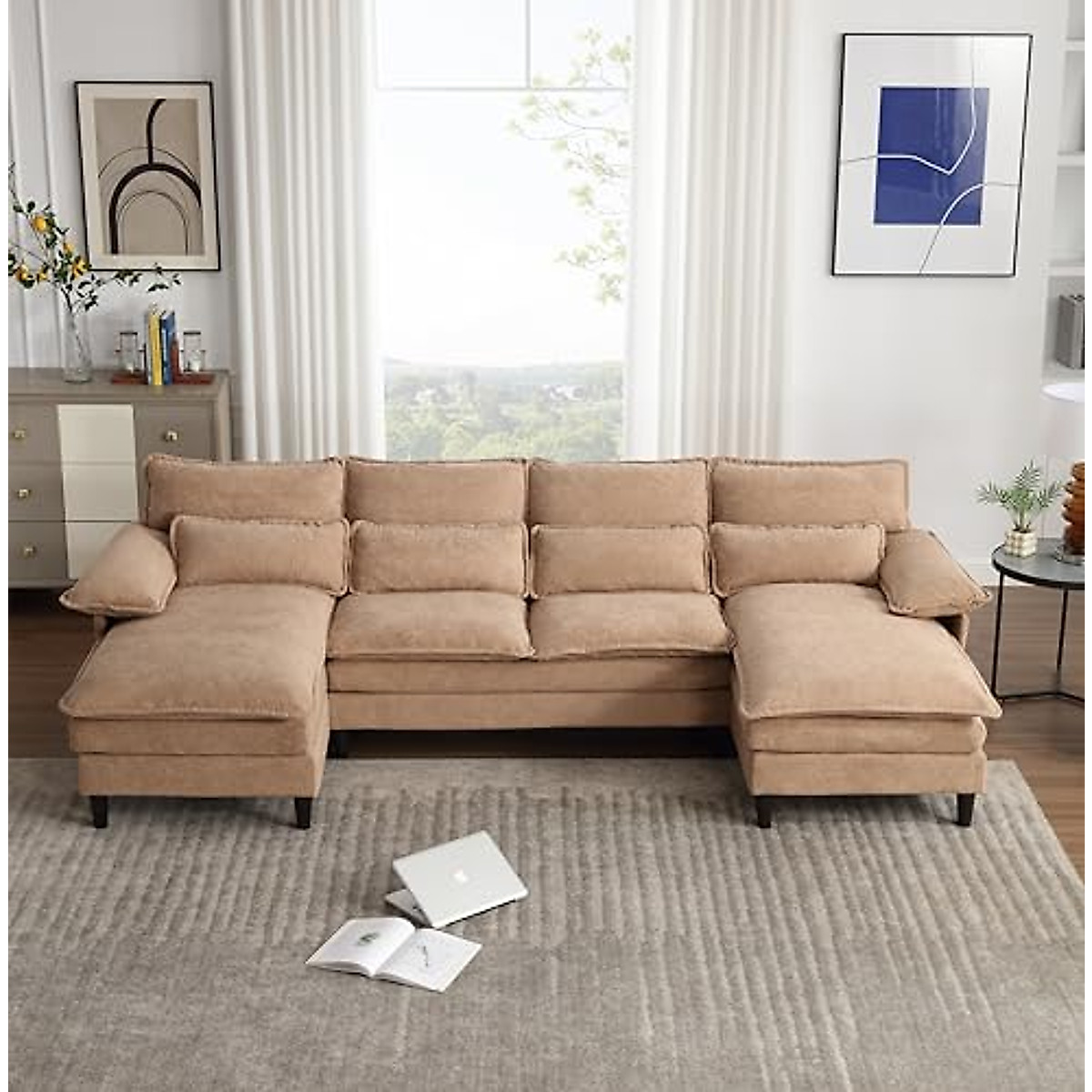 Eafurn U Shaped Symmetrical Sectional Couch with Waist Poillows and Detachable Pillow Armrest, 6 Seater Oversized Modular Lounge Sofa with Double Chaise & Memory Foam for Living Room Apartment
