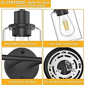 Licperron 3-Light Bathroom Wall Light Fixtures, Black Vanity Light with Clear Glass Shade, Modern Bathroom Vanity Light Over Mirror, Farmhouse Wall Sconces Lighting for Bedroom Hallway Living Room