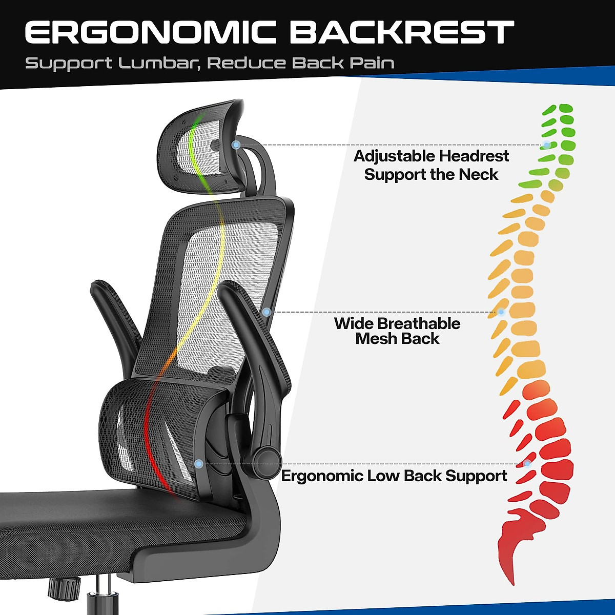 Laziiey Home Office Desk Chairs Ergonomic Chair with Lumbar Support Flip Up Arms Mesh Computer Chair with Comfortable Wide Seat Adjustable Headrest (Black)