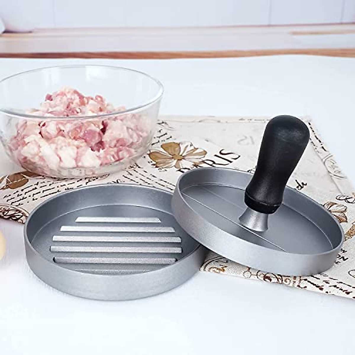 UIRIO Burger Press Patty Maker - Kitchen Mold Hamburger Press with 120 Parchment Papers - Non-Stick Sturdy and Easy to Use - Meat Beef Cheese Veggie Smash Burger Press