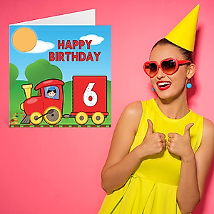 6th Birthday Card Unisex - Train - Happy Birthday Card for 6 Year Old Son Daughter Brother Sister Grandson Granddaughter Niece Nephew Cousin, 5.7 x 5.7 Inch Birthday Greeting Card