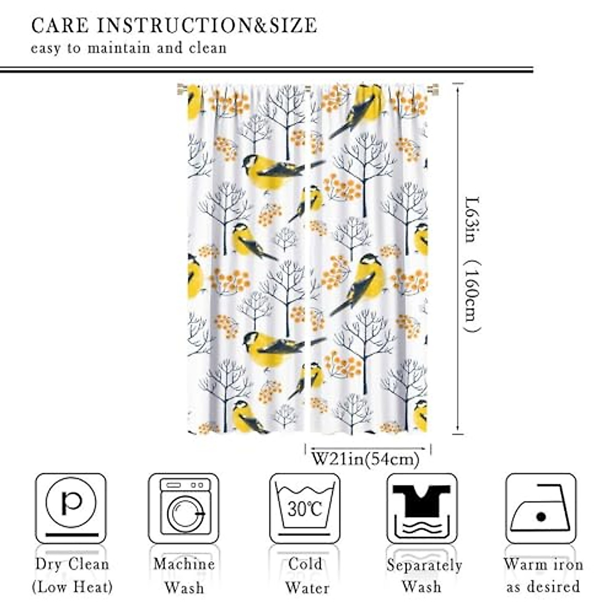 Birds Window Curtains for Bedroom Winter Pattern with Birds on The Tree Bedroom Rod Pocket Light Filtering Drape Curtain for Kids Room W42 x L63 Inch