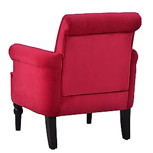 Accent Chair with Roll Arm, Upholstered Modern Reading Sofa Chair with Wood Legs and Wingback, Button Tufted Club Velvet Vanity Armchairs for Living Room, Bedroom, Lounge Room (Red)