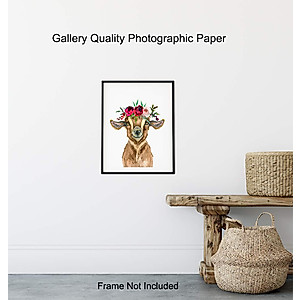 Cute Baby Goat w/Flower Crown Wall Art Home Decor - Decoration for Girls or Boys Bedroom, Nursery, Kids Room, Playroom, Preschool, Daycare - Farmhouse, Farm Theme Gift - Baby Animals Picture Print