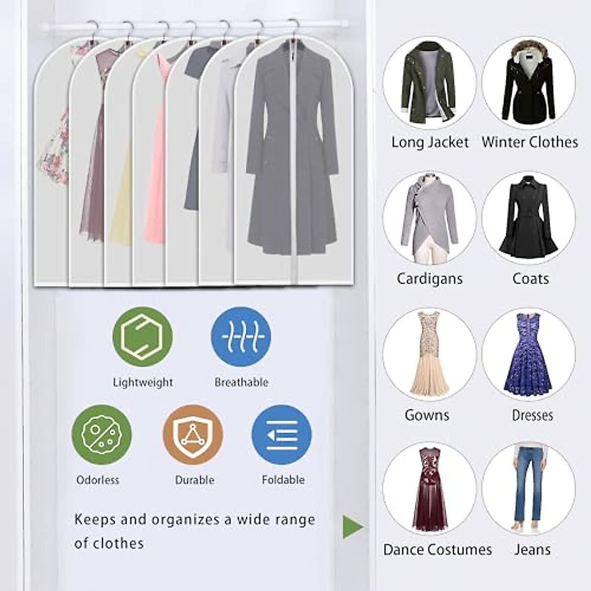 VOSIGREEN Hanging Garment Bags 7 Piece Set - 60 Inch Translucent Dust Proof Clothes Bag White Breathable Full Zipper Dust Cover for Suit Dance Costumes Gown Dress.