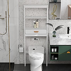 RASOO Over The Toilet Rack White 2 -Tier Toilet Bathroom Spacesaver Storage Shelf with One Big Drawer Bathroom Freestanding Shelf, 23.62"x7.87"x64.96”H