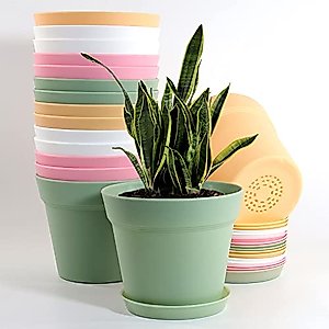 WOUSIWER 16 Pack 6 inch Plastic Planters, Plastic Indoor Planter Flower Pots, Heavy Duty and Stylish 6 Inch Plant Pots for Indoor Plants with Drainage Holes and Tray for Plants, Flowers, Colorful