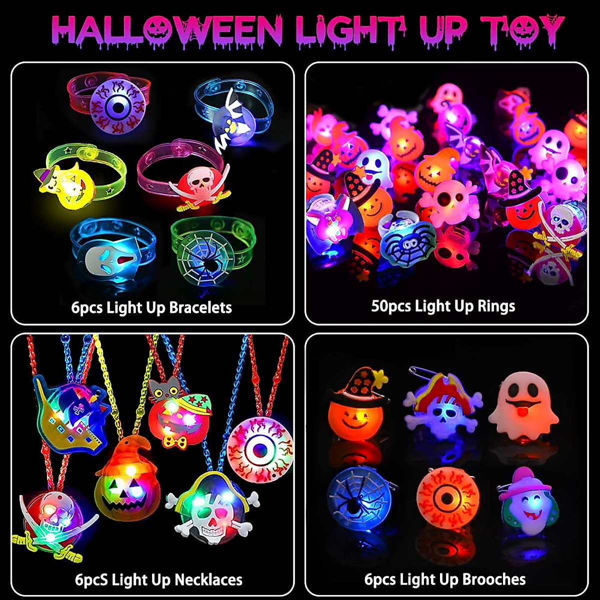 YUJUN 68PCS Halloween Light up Toys,Halloween Party Favors Flashing Ring Bracelets Necklace Glow in The Dark for Kids Halloween Treats Games Prizes Candy Goodie Bag Fillers