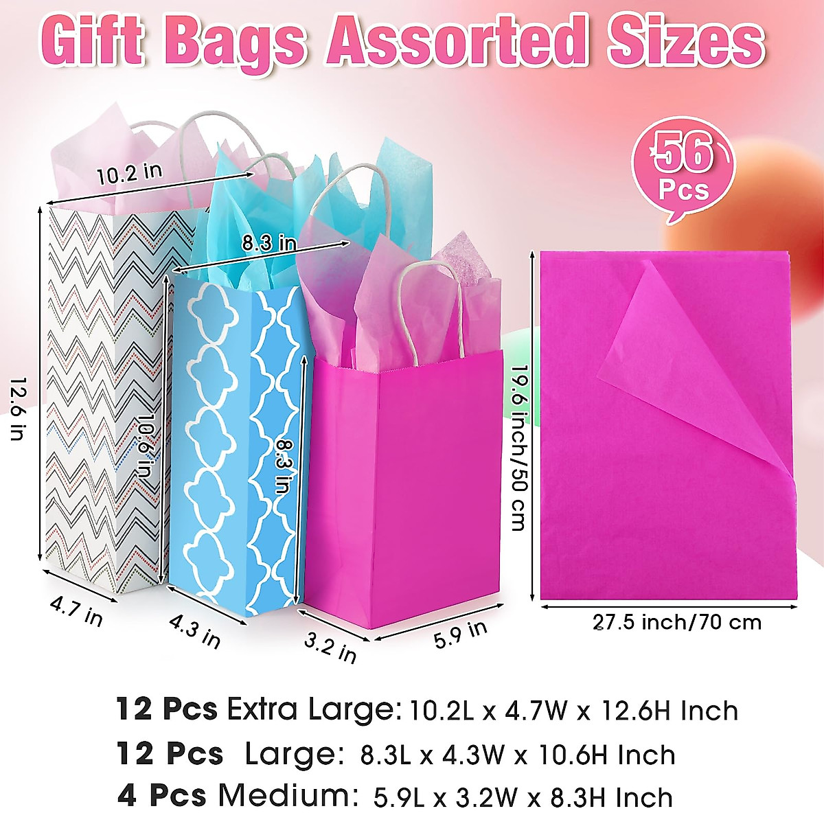 Tenceur 28 Pcs Gift Bags Assorted Sizes Bulk with 56 Tissues Papers Paper Gift Bags with Handles for Birthday Party Favor Various Occasions, 8.3 in Small, 10.6 in Medium, 12.6 in Large