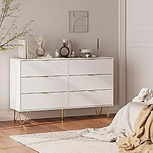 Aobafuir 6 Drawer Dresser, Drawer Chest, Tall Storage Dresser Chest Cabinet Organizer Unit with Metal Legs, Large Dresser for Bedroom, Living Room, Closet, Hallway White Stripe