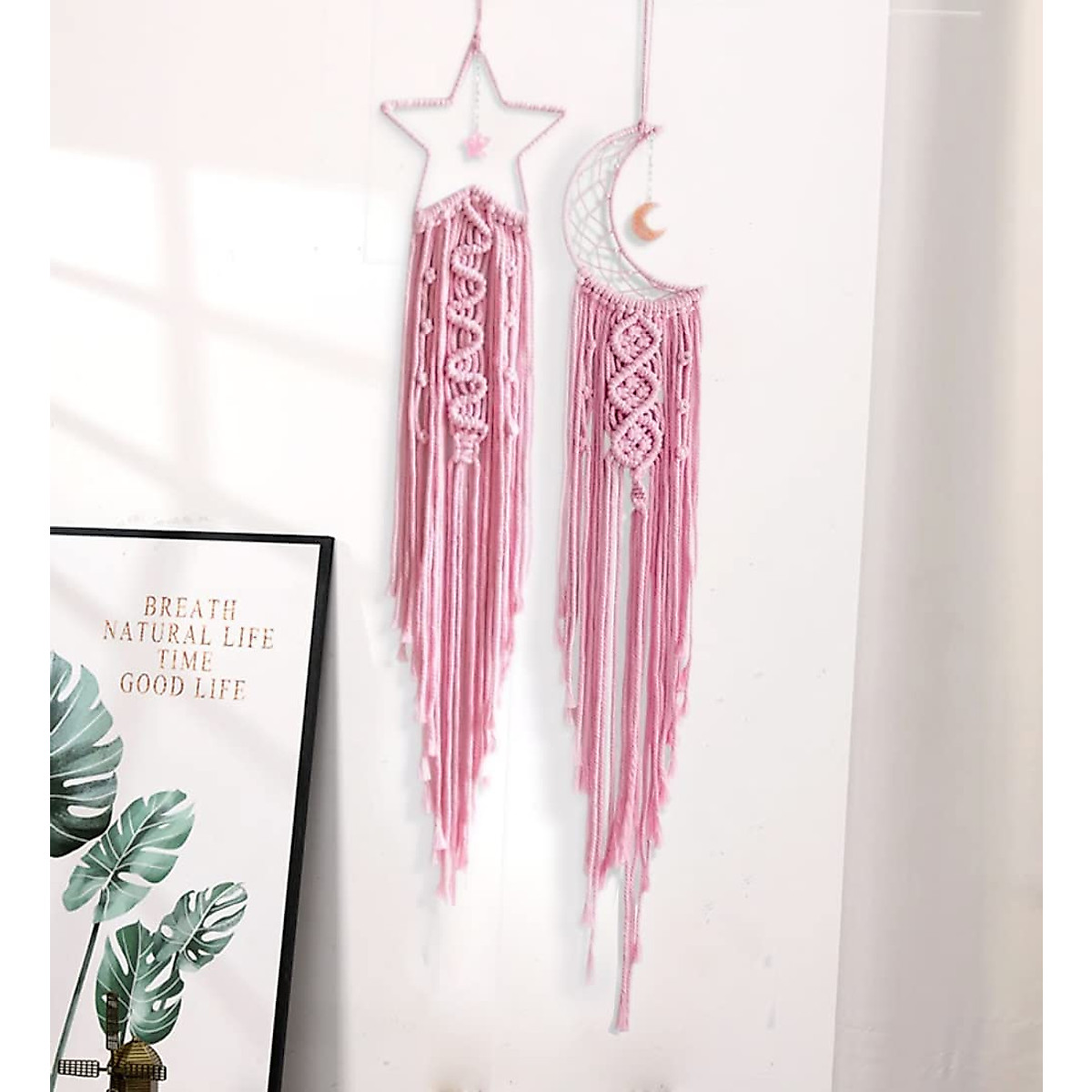 Dream Catchers Star Moon Dream Catcher Pink Room Decor, Macrame Dream Catcher Girls Teenager Bedroom Wall Decor,Boho Dream Catcher Girls Room Decor Teen Girl Gifts for Women Birthday Gifts Mother Day