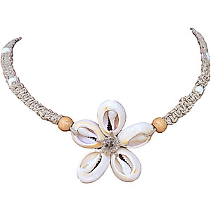 BlueRica Cowrie Shells Flower Pendant on Braided Hemp Cord Choker Necklace with Puka Shell Beads