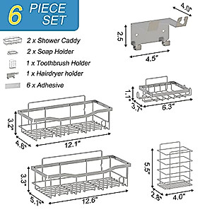 CHEMPFR Shower Caddy [6-Pack] Rustproof Stainless Steel Shower Shelf, Bathroom Organizer with Soap Holders, Toothbrush Holder, Hair Dryer Stand, Easy Installation for Home, Hotel, Dorm Use (Silver)