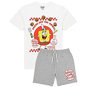 SpongeBob SquarePants Mens Pajama Set | Adults Short Sleeve T-Shirt & Shorts PJs | Krusty Krab Burger Loungewear | 90s Gift White