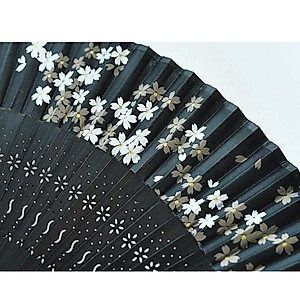 Folding Hand Held Fan for Women Sakura Chinese/Japanese Vintage Retro Style Portable Bamboo Silk Folding Fan Black Fans Gift (Color : Black E)