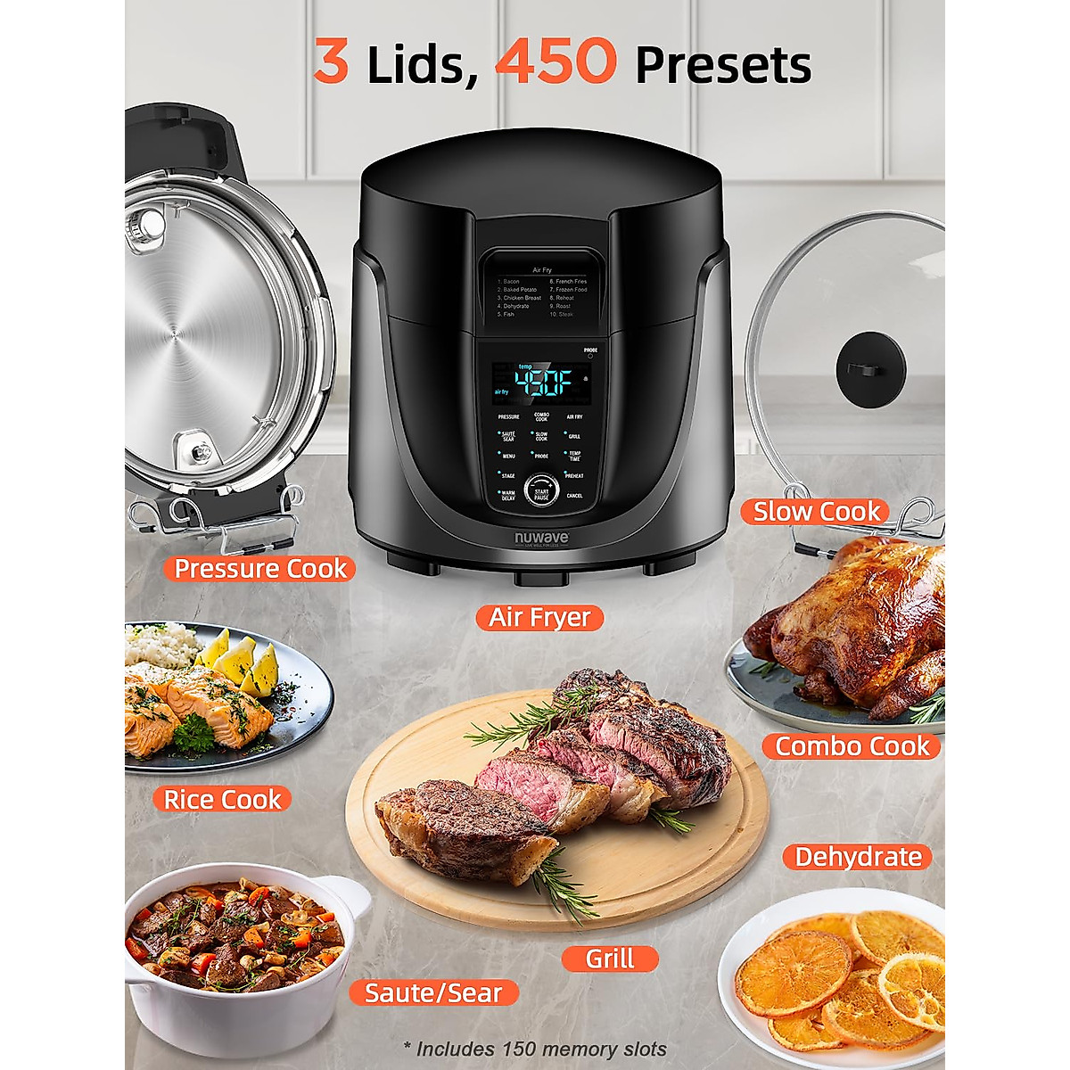Nuwave Duet Electric Pressure Cooker & Air Fryer Combo, 450 IN 1 Slow Cooker & Grill with Integrated Digital Temp Probe, 6qt SS Pot, Adjustable High/Low Pressure, Built-in Sure-Lock Safety Tech