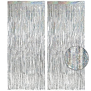 Silver Foil Fringe Tinsel Backdrop Glitter - GREATRIL Party Streamers Backdrop Curtains for Birthday/Christmas/New Year/Bachelorette Party/Disco Dancing Ball Decorations - Pack of 2