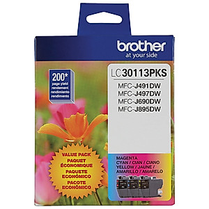 Brother Genuine LC30113PKS 3-Pack Standard Yield Color Ink Cartridges, Page Yield Up to 200 Pages/Cartridge Includes Cyan, Magenta and Yellow, LC3011