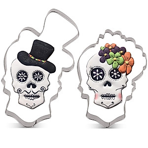 LILIAO Halloween Skull Cookie Cutter Set - 2 Piece - Skull with Hat and Flowers Fondant Biscuit Cutters - Stainless Steel