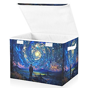 Romantic Spiral Starry Night Fabric Storage Bin with Lid Storage Bins for Shelves