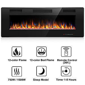 Joy Pebble 50 inch Electric Fireplace Inserts, in-Wall Recessed and Wall Mounted 750/1500W Fireplace Heater, Touch Screen, Remote Control with Timer, Adjustable Flame Color and Speed