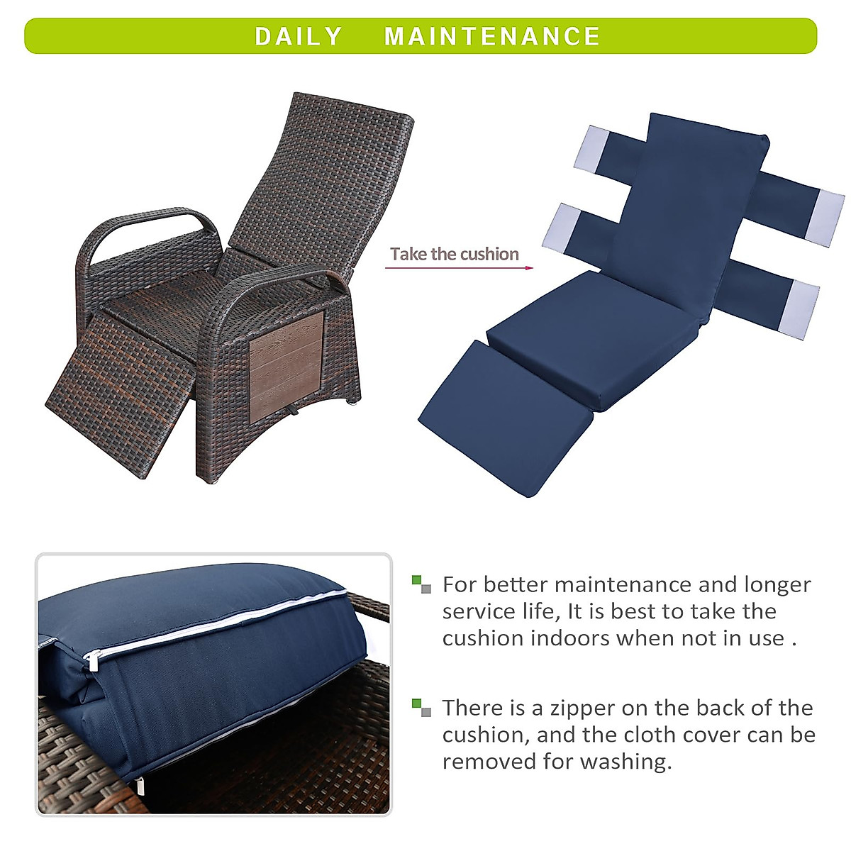 Outdoor Recliner Chair, PE Wicker Adjustable Reclining Lounge Chair and Removable Soft Cushion, with Modern Armchair and Ergonomic for Home, Sunbathing or Relaxation (Brown+Navy)