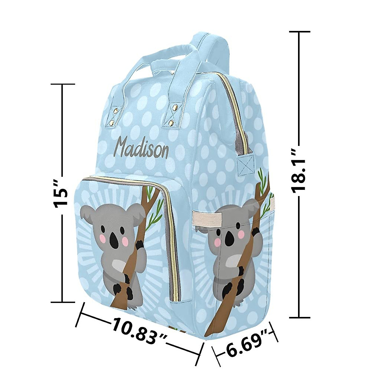 Yeshop Koala Bear Blue Polka Dot Personalized Diaper Bag Backpack Tote with Name,Custom Travel Nappy Mommy Bag Backpack for Baby Girl Boy Gift, 10.83inch x 6.69inchx 15inch