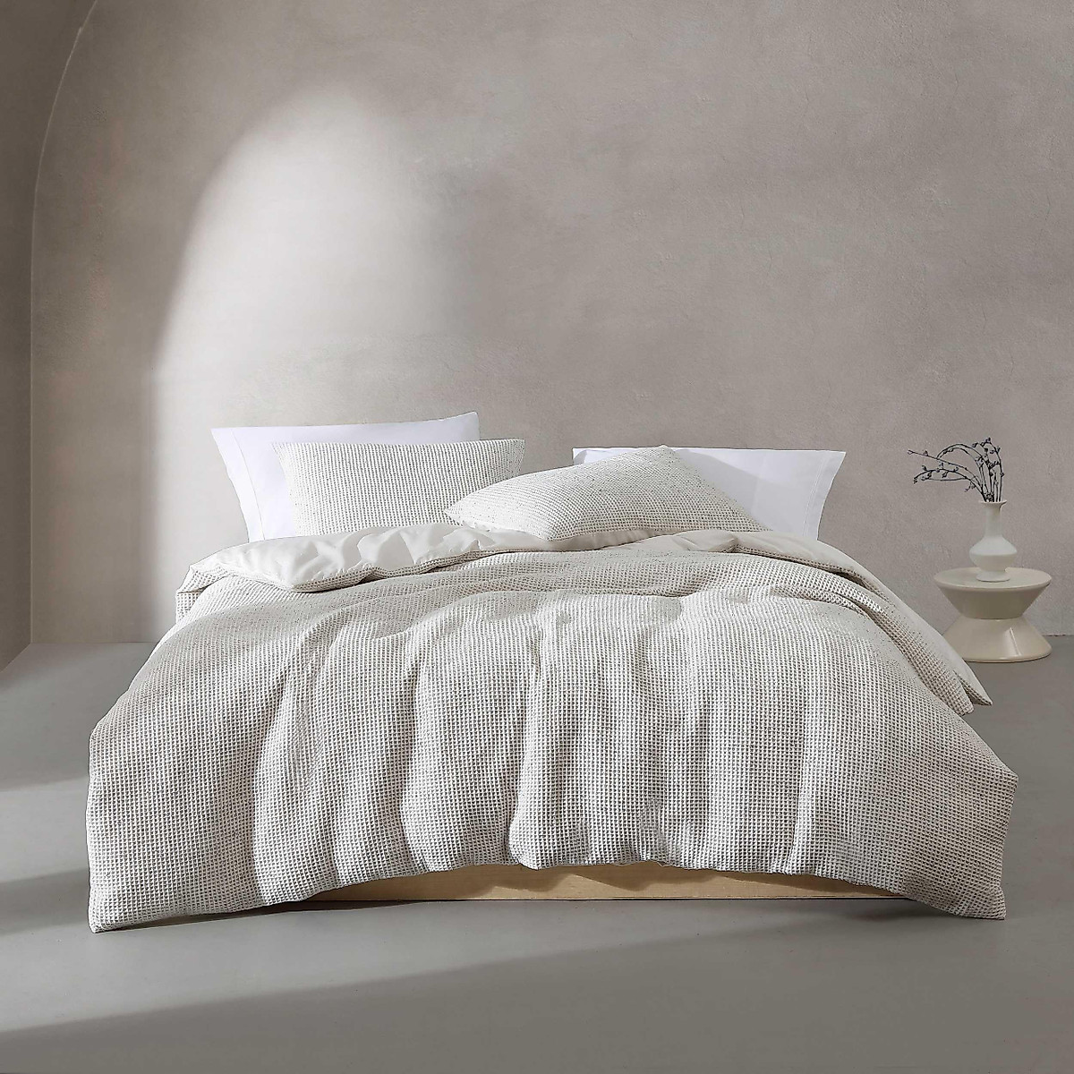 Calvin Klein - King Duvet Cover Set, Garment Washed Cotton Bedding with Matching Shams, Waffle Textured Home Decor (Speckled Waffle Ivory, King)