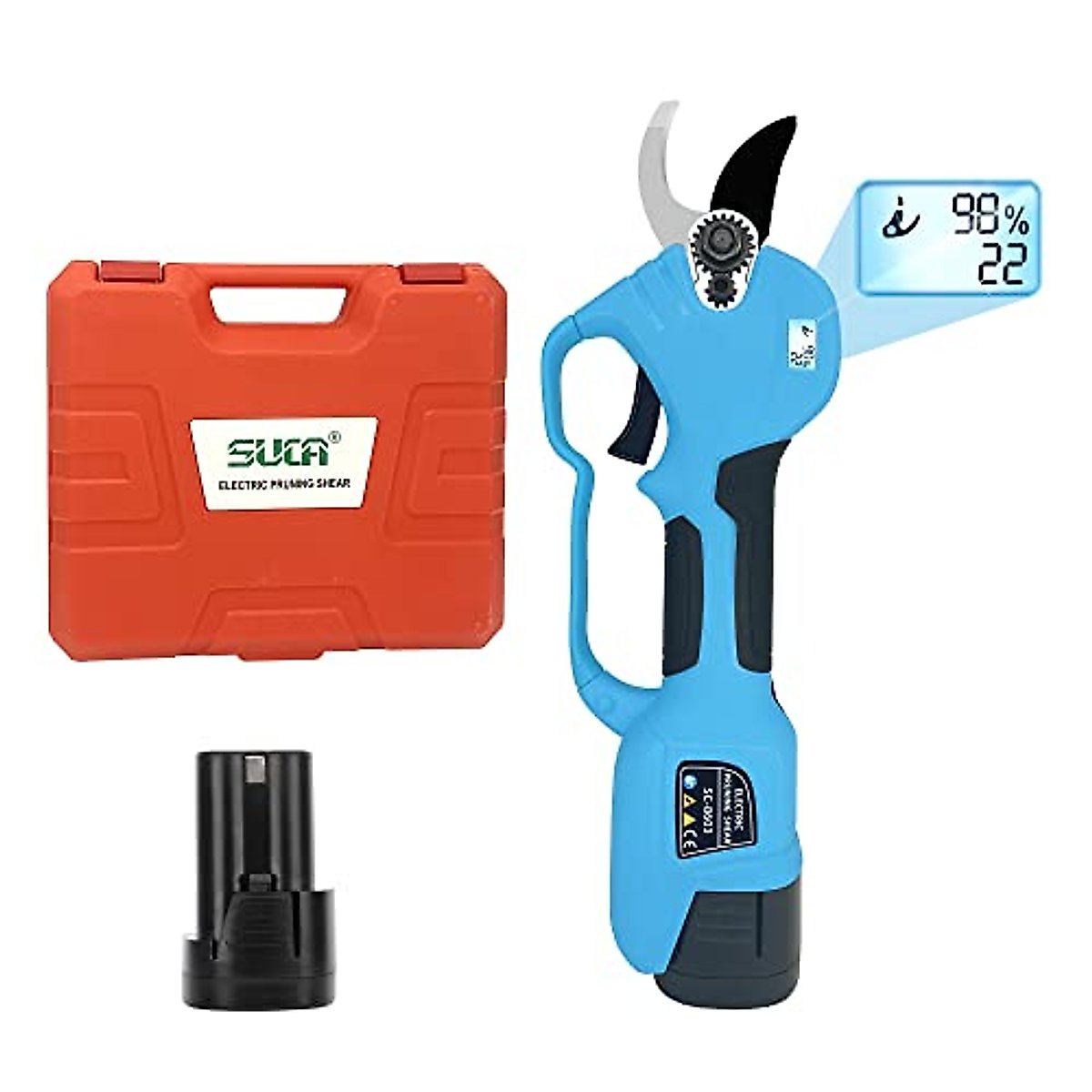 SUCA electric pruning shears Cordless tree pruner branch cutter pruners for gardening with 2pcs 2Ah Lithium Battery Powered 4-7 Working Hours Tree Branch Pruner LCD Display Screen （blue 1.1 inch）