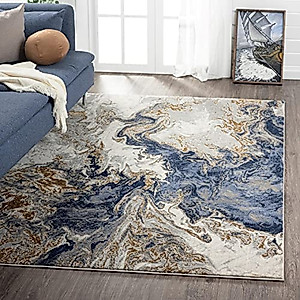 LUXE WEAVERS Marble Collection Blue Area Rug 5x7 Modern Abstract Swirl Design Non-Shedding Carpet