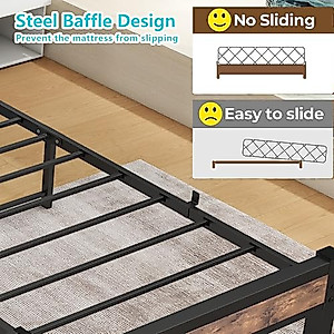 DUMEE Metal Queen Bed Frame with Wood Storage Headboard with USB Ports and Charging Station, Metal Platform Bed Frames Queen Size, No Box Spring Needed, Noise Free, Black & Rustic Brown