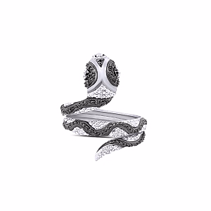 Jewel Zone US Black Natural Diamond Accent Snake Ring in 14k White Gold Over Sterling Silver (0.02 Ct)