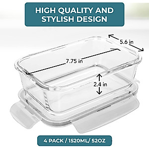 6.5 Cups/ 52 Oz 4 Piece (2 Containers +2 Lids) Glass Food Storage/ Baking Container Set w/Locking Lid - For Storing & Serving BPA Free & Leak Proof - Microwave, Dishwasher, Fridge, Freezer n Oven Safe
