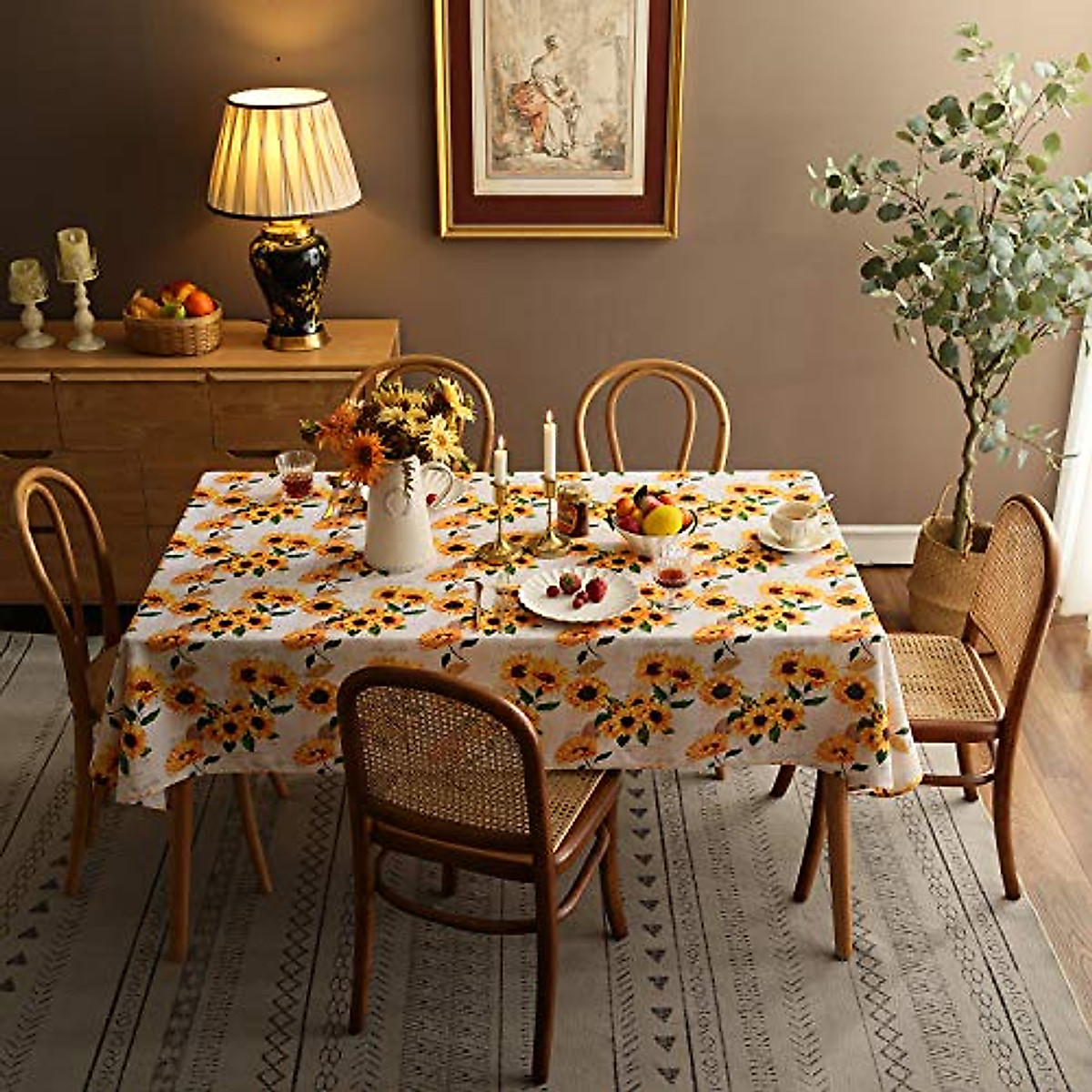 Joyfol Day Sunflower Tablecloth,Orange Floral Table Cloth for Square Tables,Waterproof Resistant Durable Flower Table Cover for Kitchen Dining Room (54 X 54 INCH)