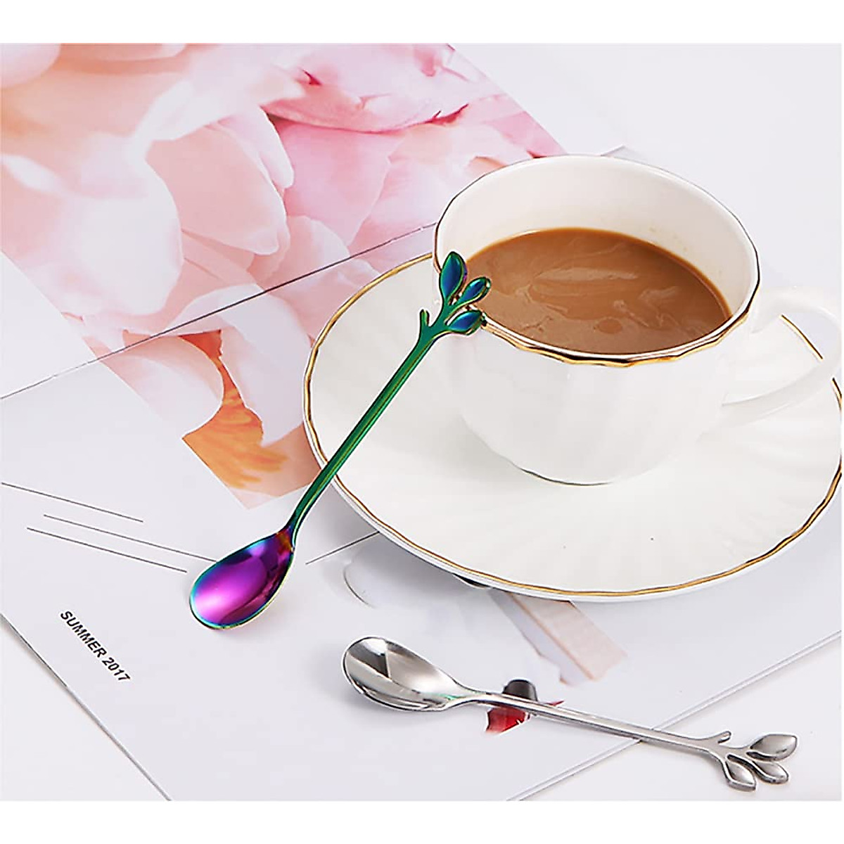 Anller 16 Pieces Stainless Steel Coffee Spoons Dessert Forks, Set of 8 Spoons 8 Forks, Rainbow