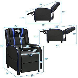 Giantex Gaming Recliner Chair, Racing Style Single Recliner Sofa w/Massage, Adjustable PU Leather Video Game Chair Home Theater Seat for Living Room Game & Recreation Room (Blue)