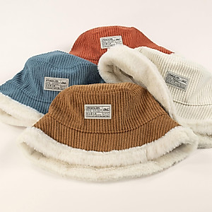 CHOK.LIDS Reversible Fur Bucket Hat Elegant Fuzzy Bucket Hat Corduroy Trendy Winter Hat Fluffy Warm Fashionable Fleece (Ivory/Ivory)