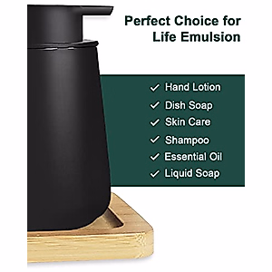 Black Soap Dispenser and Toothbrush Holder Set of 2, 12oz Ceramic Hand Soap Dispenser and Toothbrush Cup Holders for Farmhouse Bathroom Decor with Wooden Tray