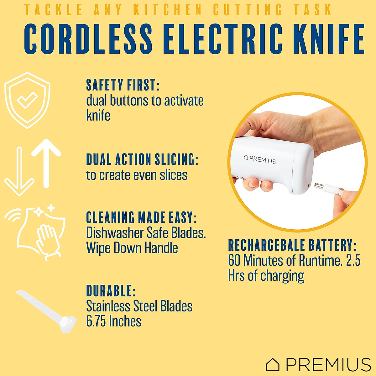 Professional Cordless Rechargeable Easy-Slice Electric Knife, Reciprocating Serrated Stainless-Steel Blades, Safety-Lock Trigger Release, Carving Meats, Turkey, Breads, Fruit, Crafting Foam, White