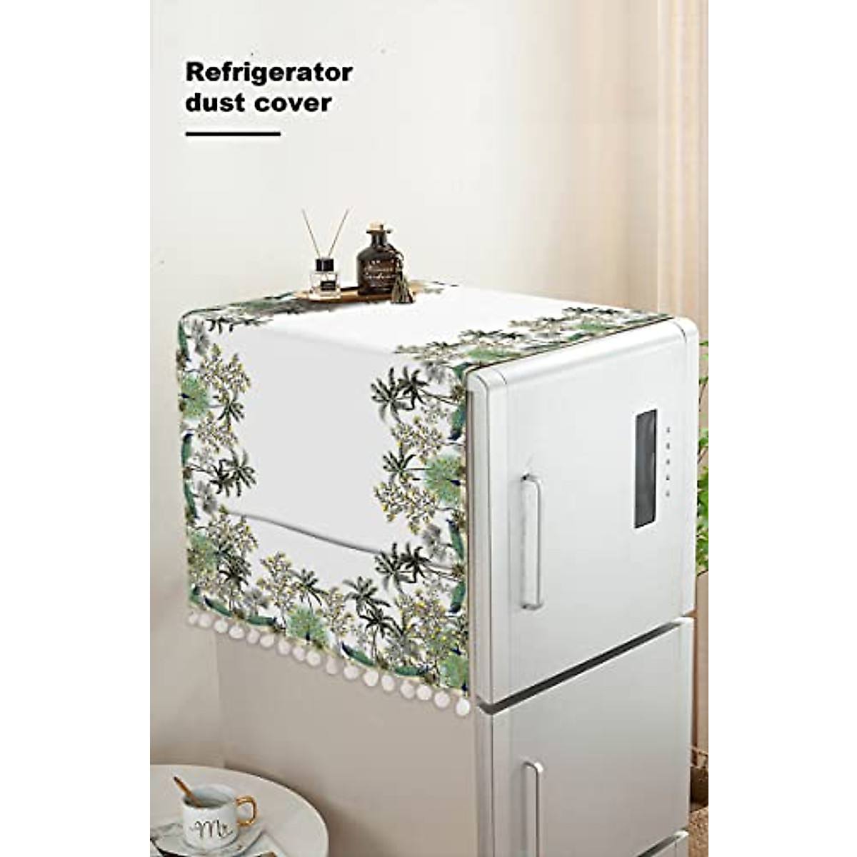 Fridge Dust Cover with Pockets, Summer Palm Tree Microwave Oven Dustproof Cover Decorative Kitchen Appliance Protector Cover Multi-Purpose Top Covers 12"x35" Tropical Green Leaves Peacock
