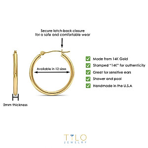 14k Yellow Gold 2mm Tube Polished Round Hoop Earrings, 25mm (1 inch Diameter)…