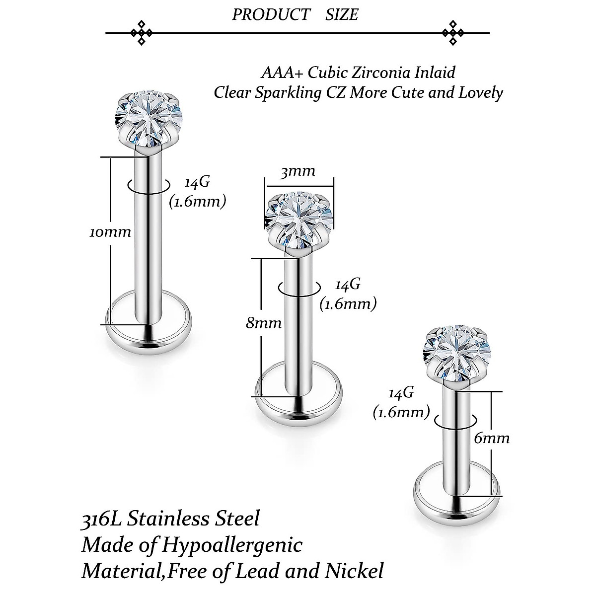 Vsnnsns 14G Lip Rings Stainless Steel Labret Jewelry Monroe Lip Rings Nail Cartilage Tragus Helix Earrings Studs Piercing Jewelry Medusa Piercing Jewelry For Women Men 14 Gauge Earrings 3MM CZ Silver