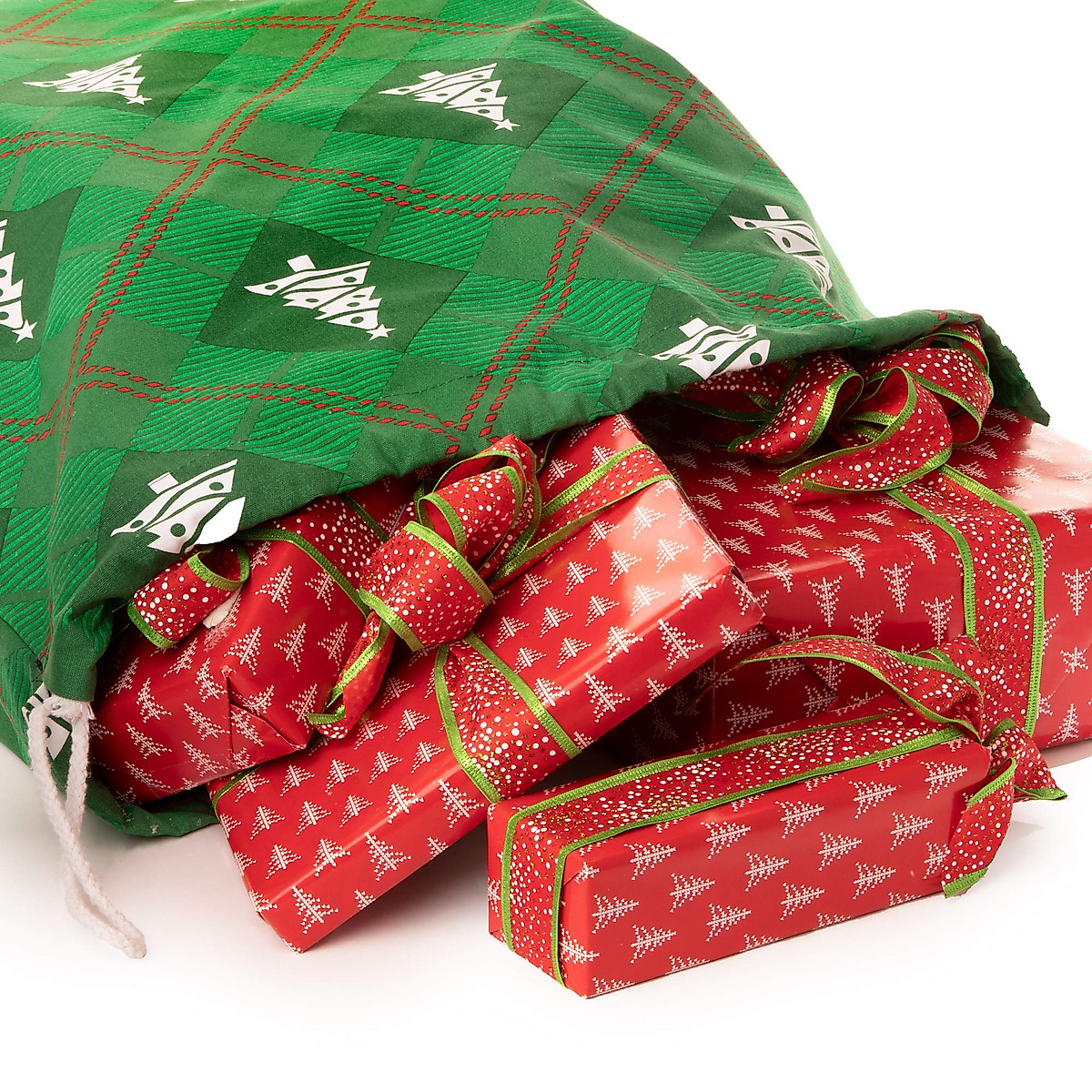 Pudgy Pedro's Party Supplies - Christmas Canvas Gift Bags - Red Peppermint Candy Green Argyle - XX-Large Fabric 16.5" x 13.5" Present Stocking - 2 ct