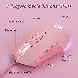 Lomiluskr AJ52 Wired Gaming Mouse, 7 Programmable Buttons, Computer Mice with RGB Lighting, 200-4800 DPI Adjustable, for Windows/Mac OS/Linux (Pink)