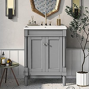 VKKILPEE 24 inch Bathroom Vanity Sink Combo Freestanding Bathroom Vanity with Top Sink, Bath Vanity Storage Cabinet with Large Storage Shelves, Modern Single Sink Bathroom Cabinet, Grey